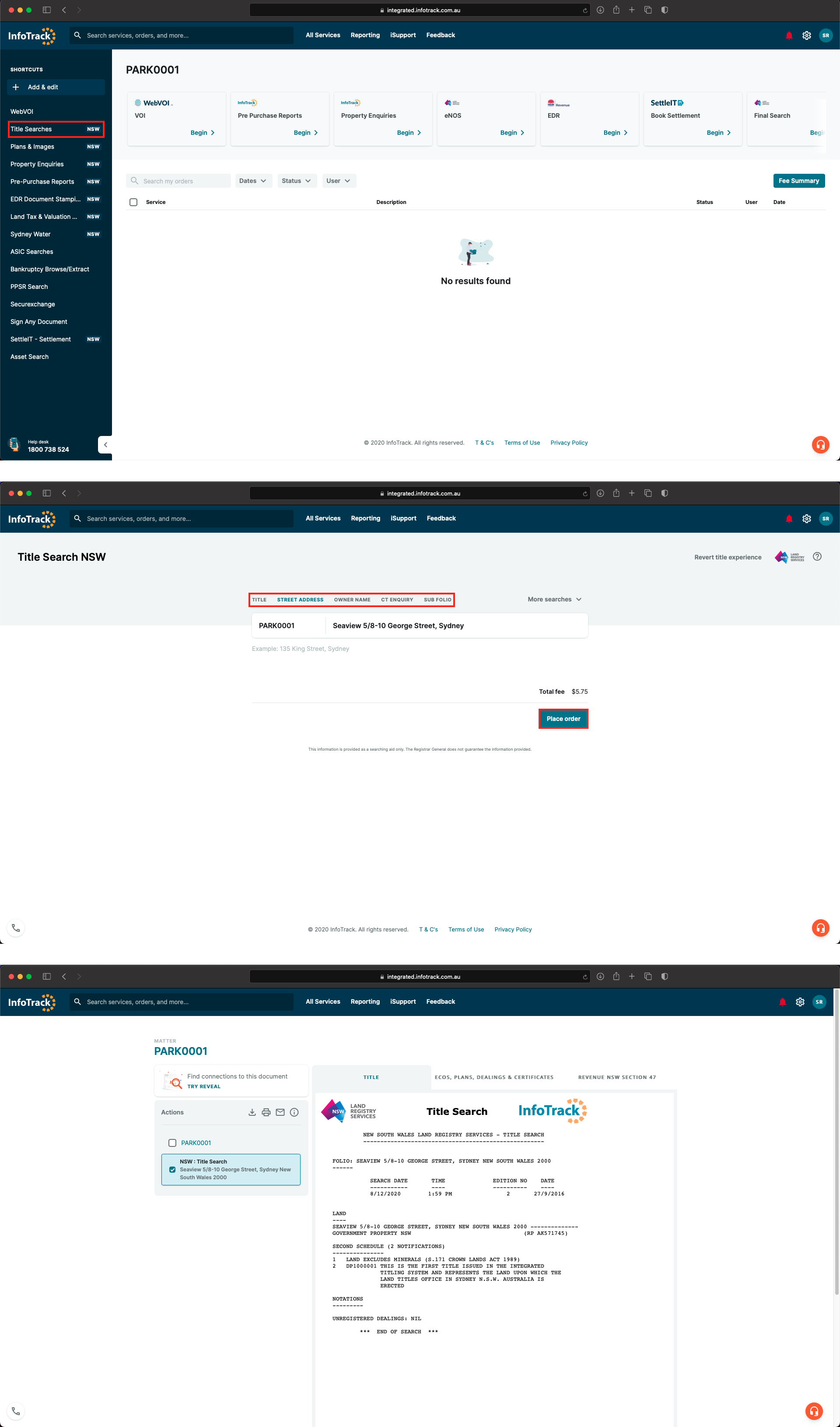 Doing an InfoTrack search from the Matters screen